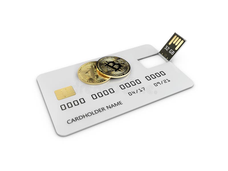 3d Illustration of Flash Drive. Credit Card with Gold Bitcoins Stock ...