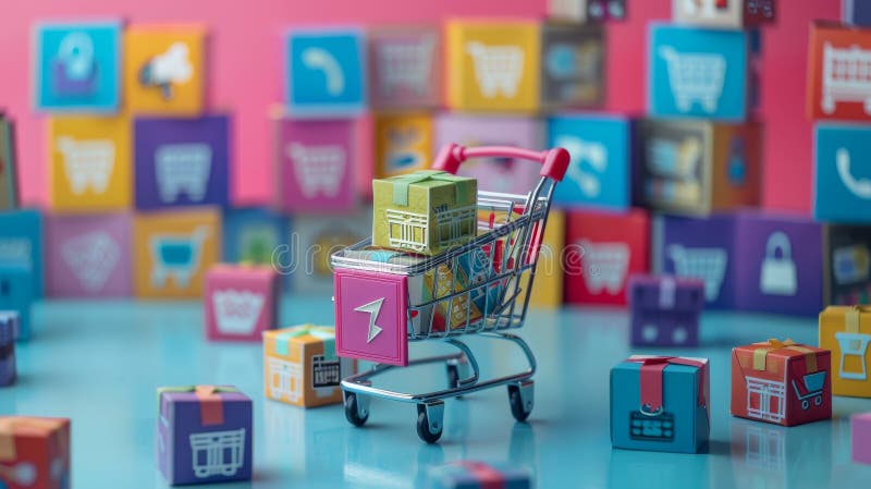 3D Illustration Flips Cube with Icon Graph and Shopping Cart Stock ...