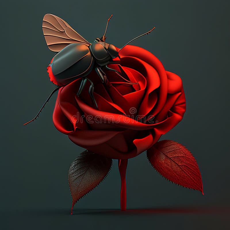 3d Illustration of a Fly Sitting on a Red Rose Stock Illustration ...