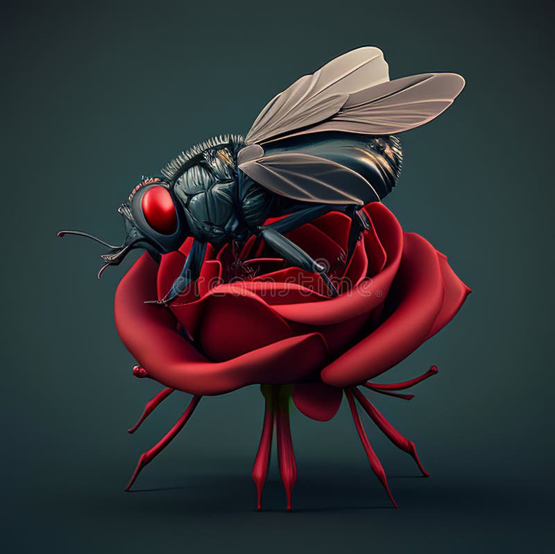 3d Illustration of a Fly Sitting on a Red Rose Stock Illustration ...