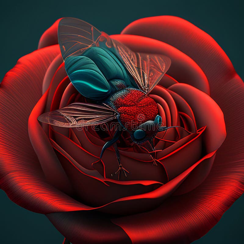 3d Illustration of a Fly Sitting on a Red Rose Stock Illustration ...