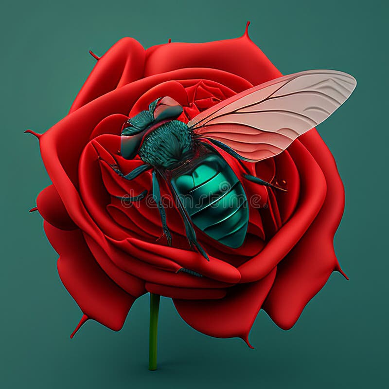 3d Illustration of a Fly Sitting on a Red Rose Stock Illustration ...