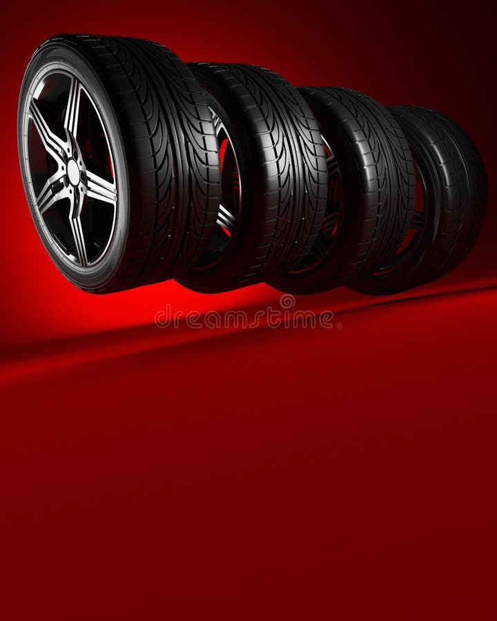 3d Illustration. Four Car Wheels on Red Background. Poster or Cover ...
