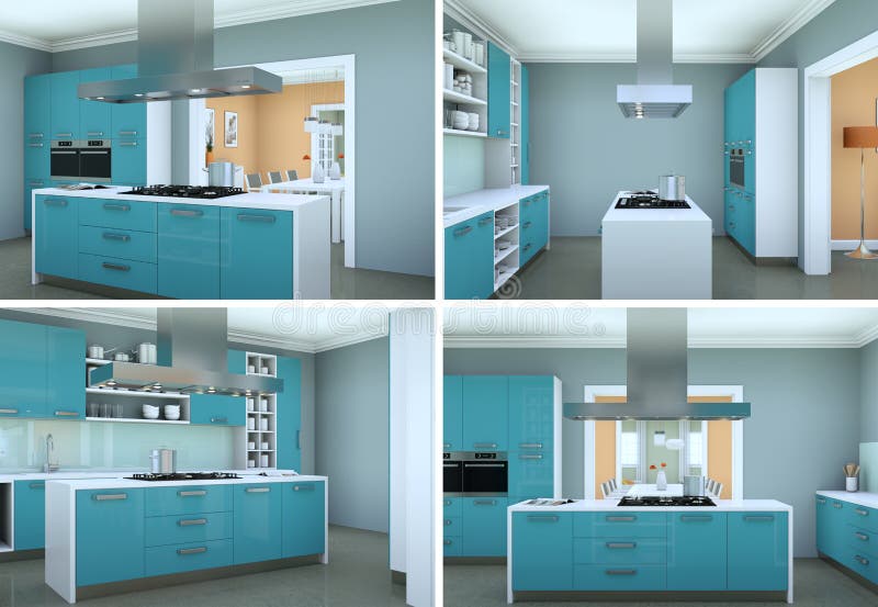 Four Views of Modern Kitchen with a Beautiful Design Stock Illustration ...
