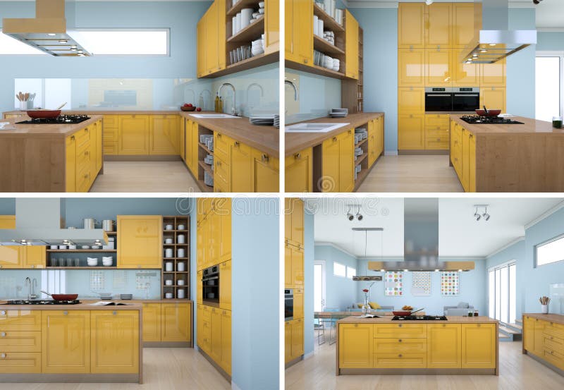 Four Views of Modern Kitchen with a Beautiful Design Stock Illustration ...