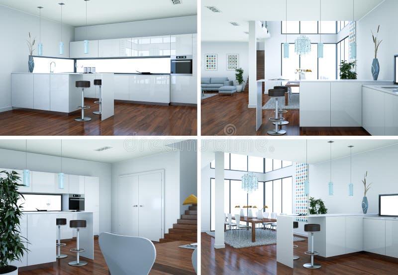 Four Views of Modern Kitchen with a Beautiful Design Stock Illustration ...