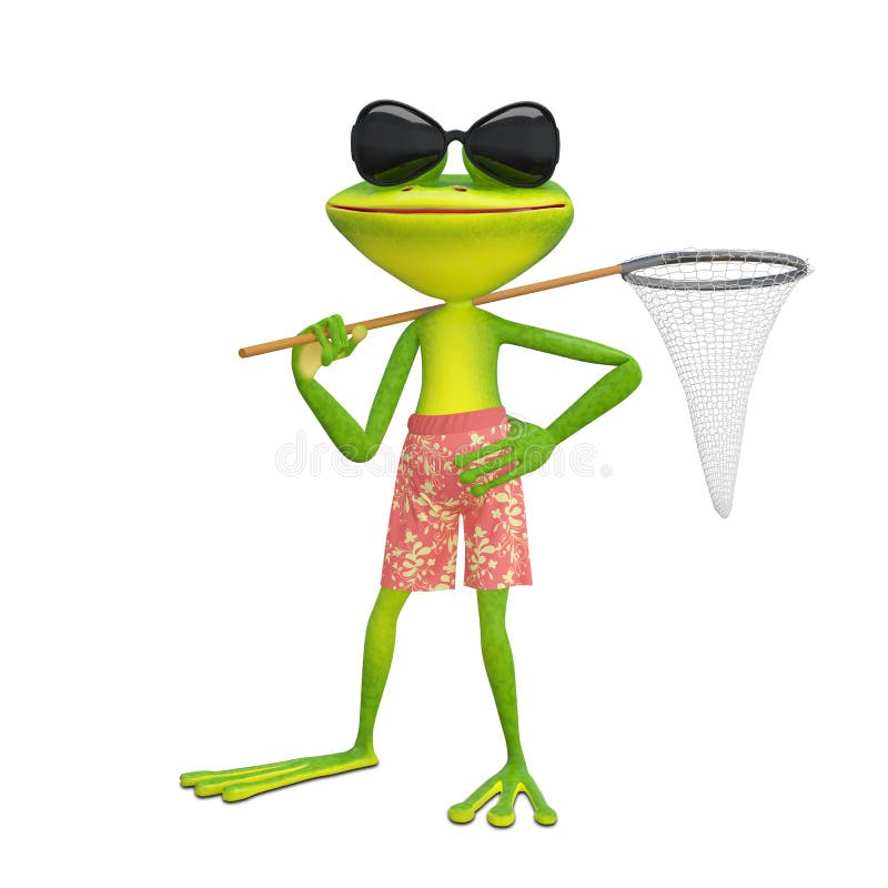 3D Illustration of a Frog with a Butterfly Net Stock Photo ...