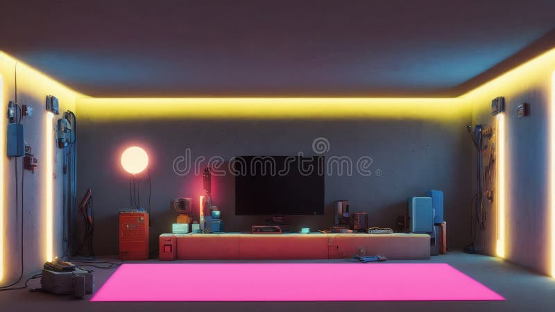 3d Illustration of a Futuristic Concrete Basement with Empty Neon ...