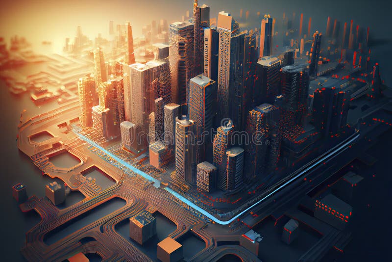 3d Illustration of Futuristic Micro Chip City. Computer Science ...