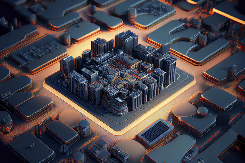 3d Illustration of Futuristic Micro Chip City. Computer Science ...