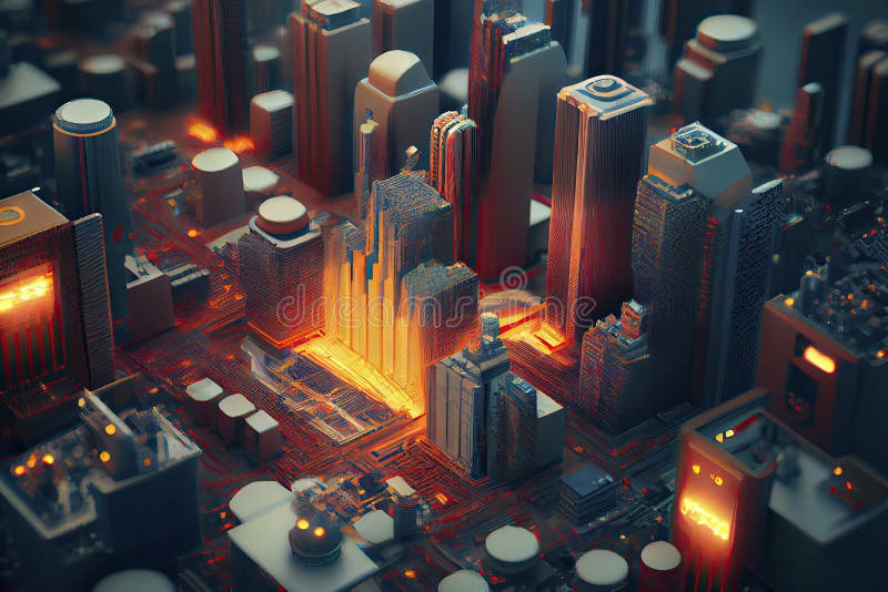 3d Illustration of Futuristic Micro Chip City. Computer Science ...