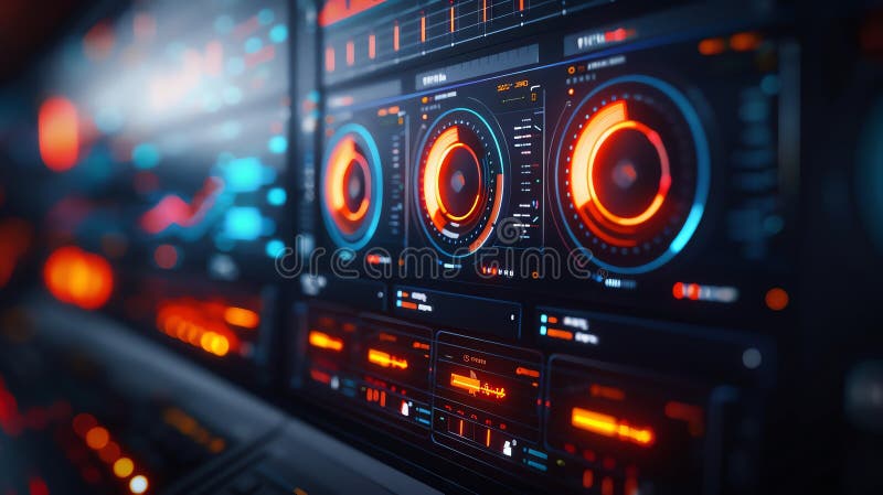 3D Illustration of Futuristic UI, Multi-screen Setup, Data ...