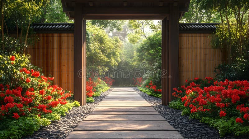 3D Illustration of a Garden Pathway with Red Flowers and Wooden Gate ...