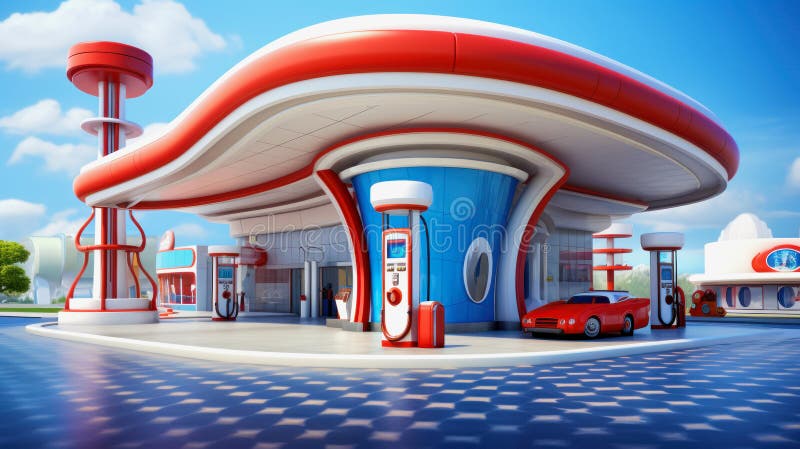 3d Illustration of a Gas Station in Blue and Red Colors Stock ...