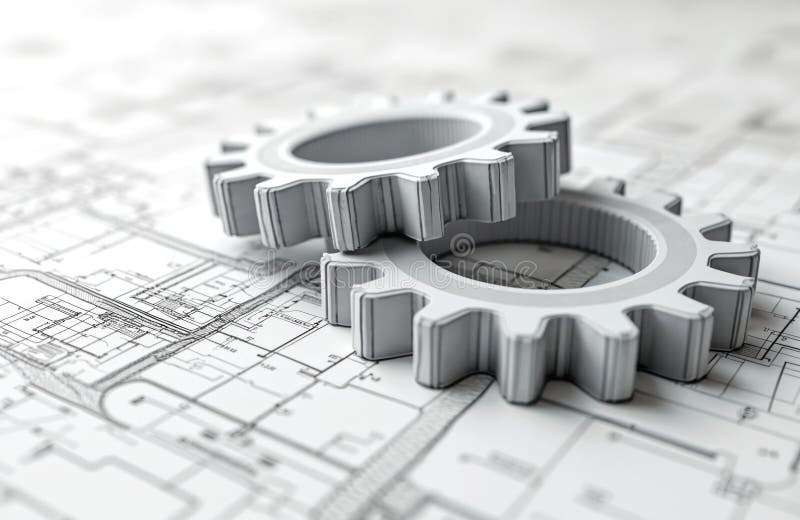3D Illustration of Gears on Blueprint. Engineering Design Concept with ...