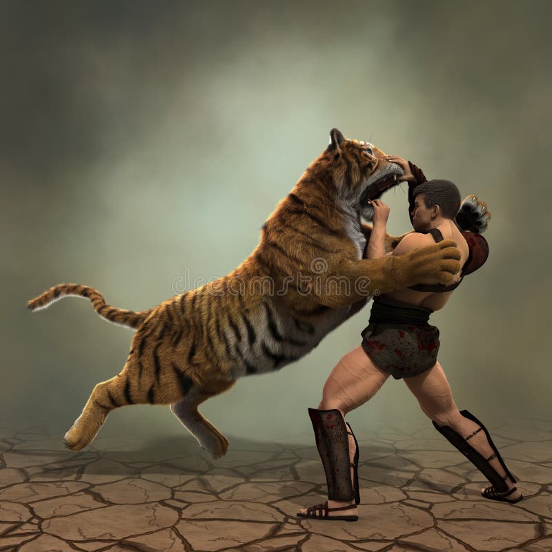 3D Illustration of a Gladiator Fighting with a Tiger Stock Illustration ...
