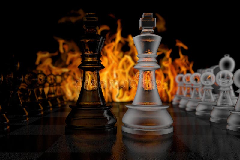 3D Illustration Glass Chess Kings on a Background of Fire Stock ...