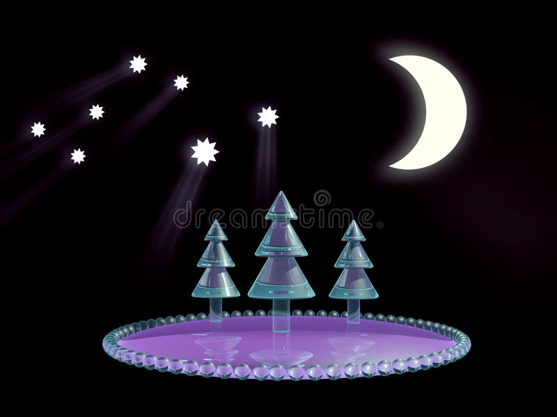 3d Illustration. Glass Stylized Night Landscape with Pine Trees Stock ...