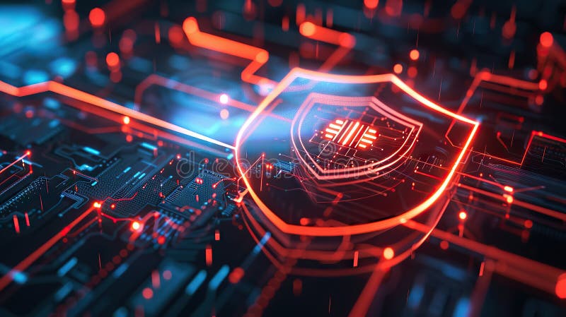 3D Illustration of a Glowing Security Shield Symbol on a High-tech ...