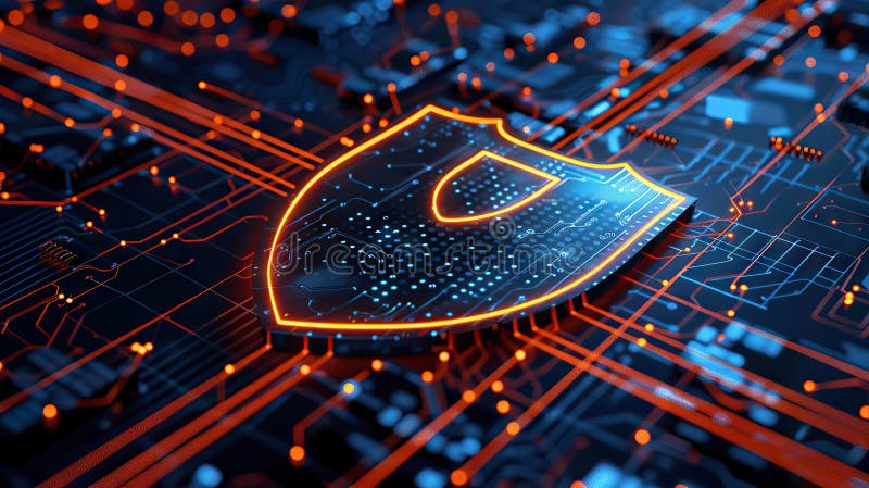 3D Illustration of a Glowing Security Shield Symbol on a High-tech ...
