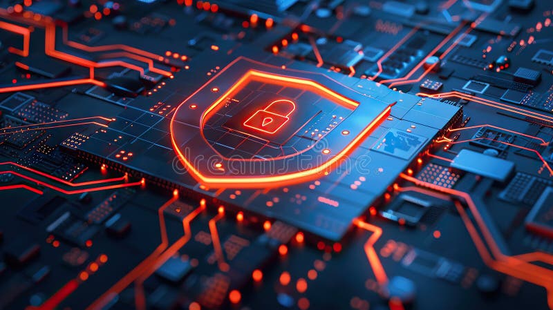 3D Illustration of a Glowing Security Shield Symbol on a High-tech ...