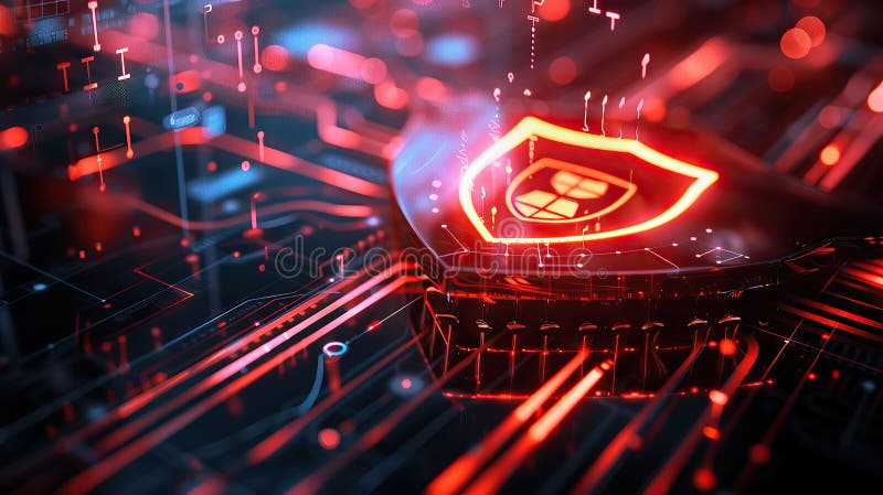 3D Illustration of a Glowing Security Shield Symbol on a High-tech ...