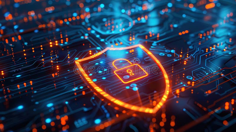 3D Illustration of a Glowing Security Shield Symbol on a High-tech ...