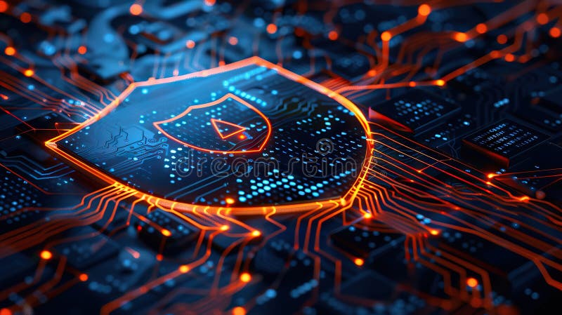 3D Illustration of a Glowing Security Shield Symbol on a High-tech ...