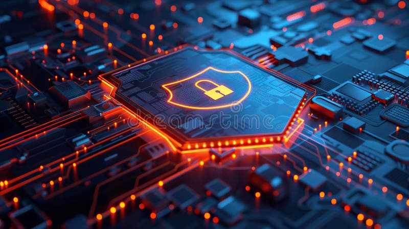 3D Illustration of a Glowing Security Shield Symbol on a High-tech ...