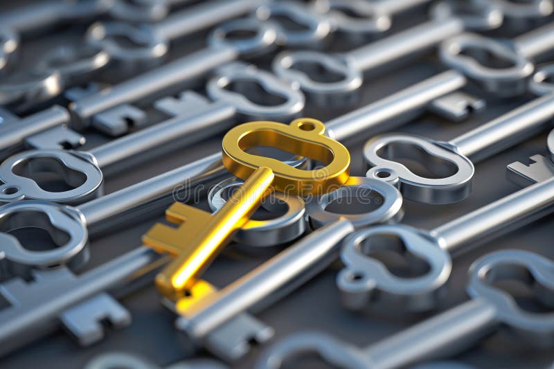 A 3D Illustration of a Gold Key among Silver Keys, Symbolizing the ...