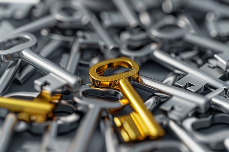 A 3D Illustration of a Gold Key among Silver Keys Symbolizing the ...
