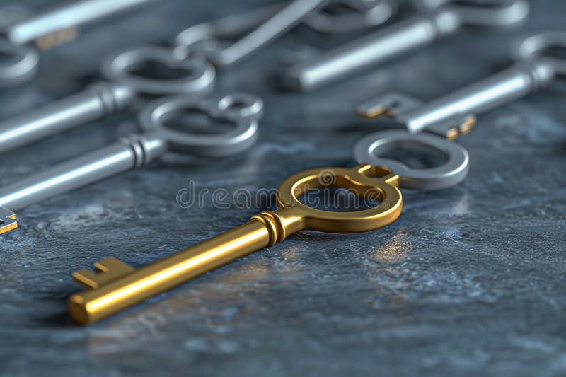 A 3D Illustration of a Gold Key among Silver Keys Symbolizing the ...