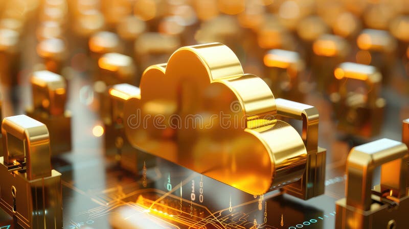 3D Illustration of Golden Cloud Surrounded by Padlocks Stock Illustration - Illustration of ...