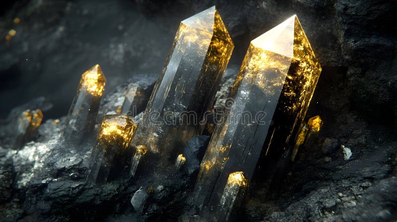 3D Illustration Golden Crystal Cluster Dark Rock Formation Stock ...