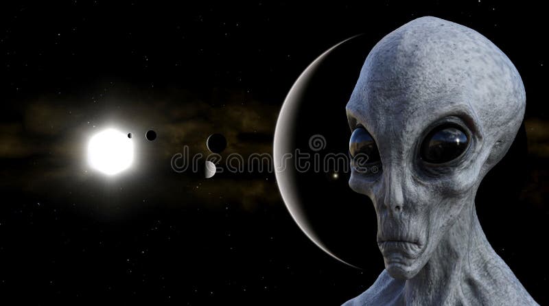 Illustration of a Gray Alien Waving Goodbye Atop a Mountain Peak with ...