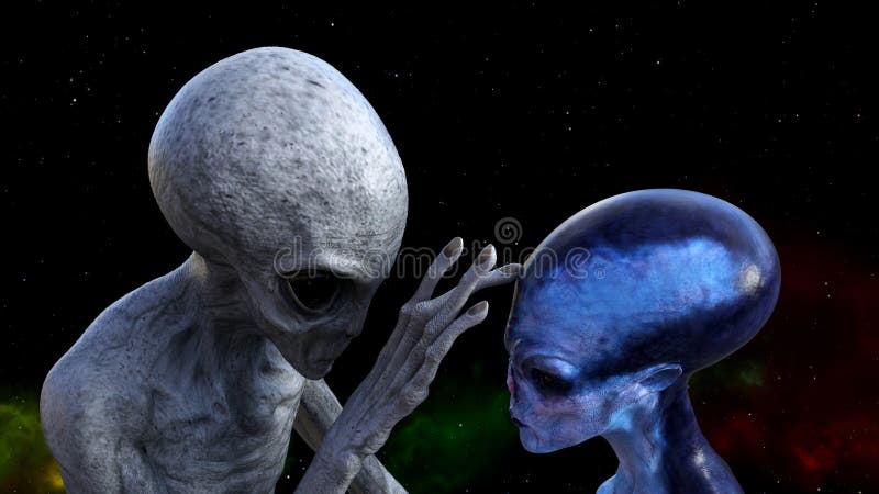 Illustration of a Gray Alien in a Muscle Pose Atop a Mountain Peak with ...