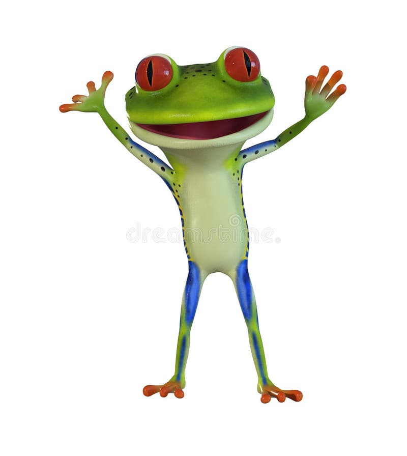 3d Illustration of a Green Cartoon Frog Waving with Both Hands. Stock ...