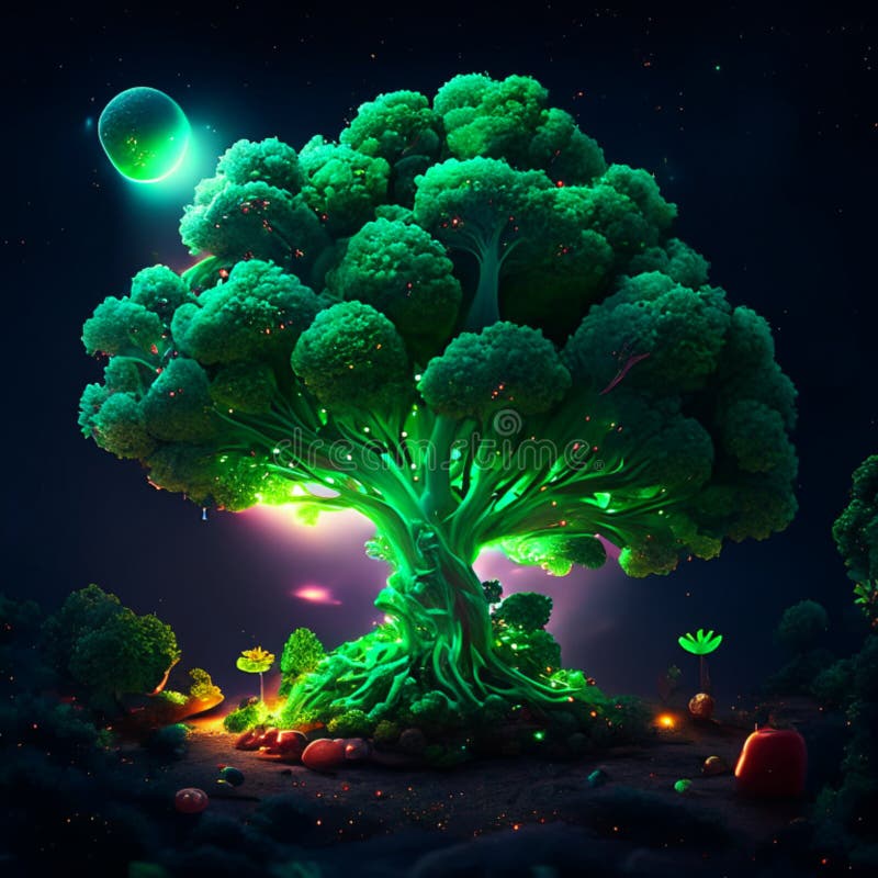 3d Illustration of a Green Tree in a Dark Space. 3d Rendering AI ...