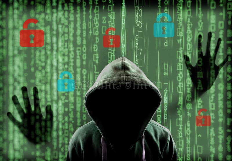 3D Illustration. Hacker Getting into the System. Open Locks. Security ...