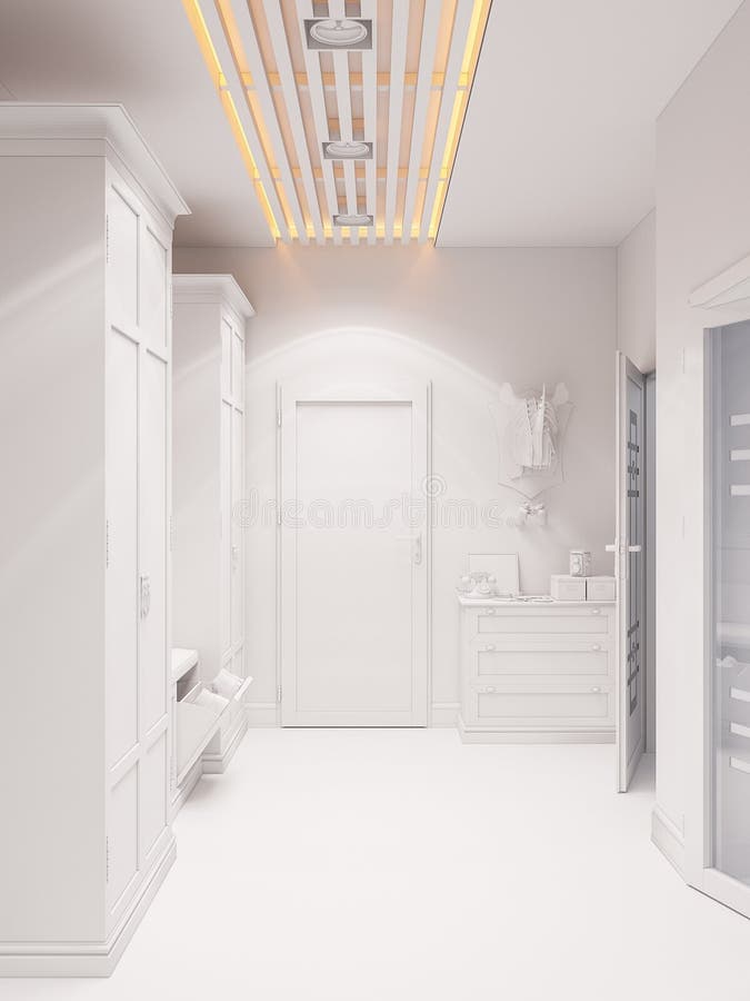 3d Illustration Hall Interior Design in Classic Stock Illustration ...