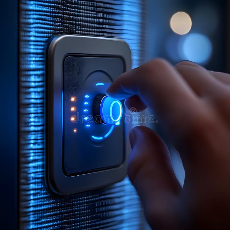 3D Illustration of a Hand Turning a Blue Knob with Glowing Lights Stock ...