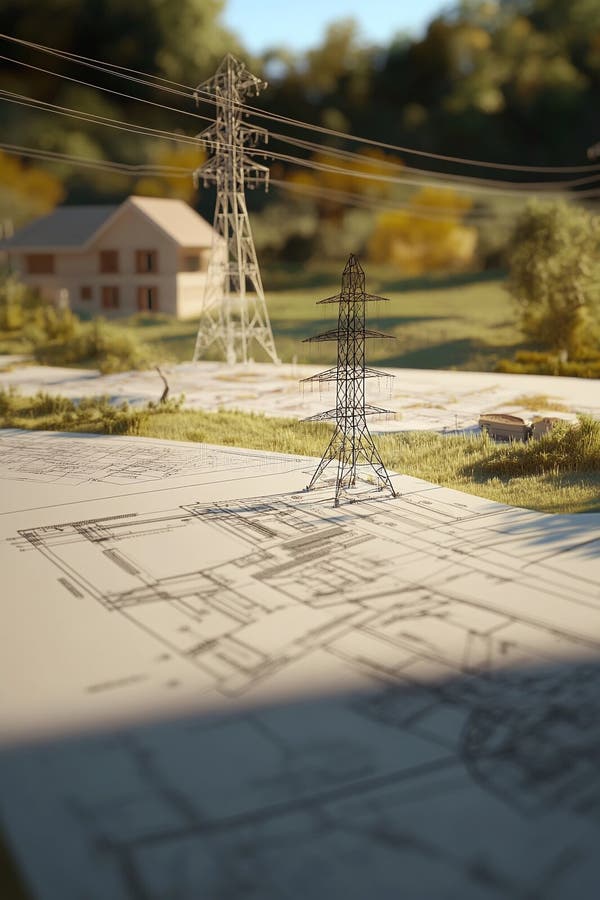 5D Illustration of High-voltage Power Lines Spanning a Rural Landscape ...