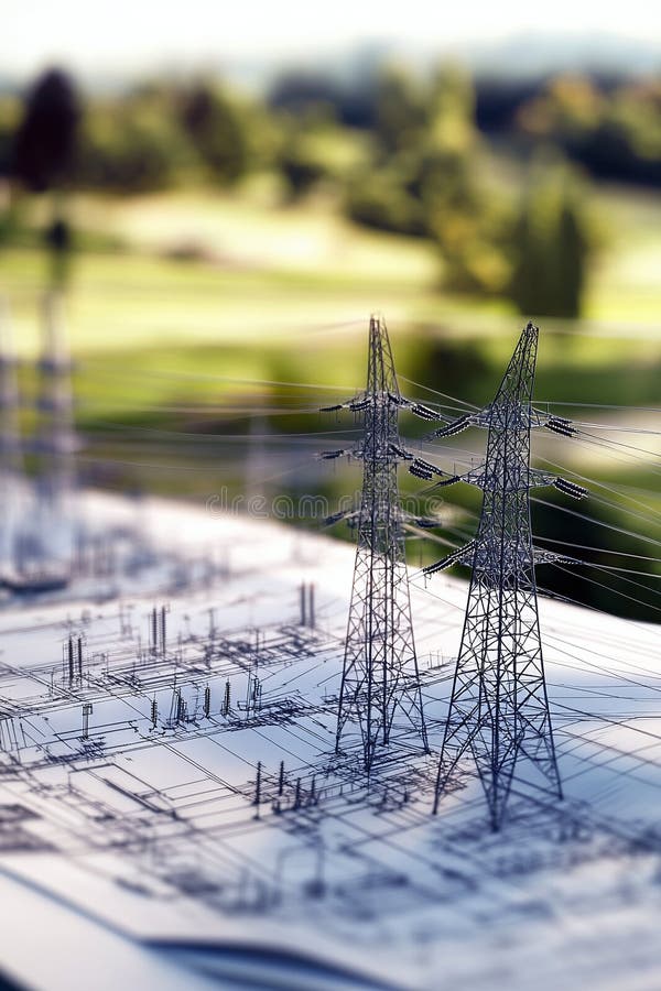 3D Illustration of High-voltage Power Lines Spanning a Rural Landscape ...