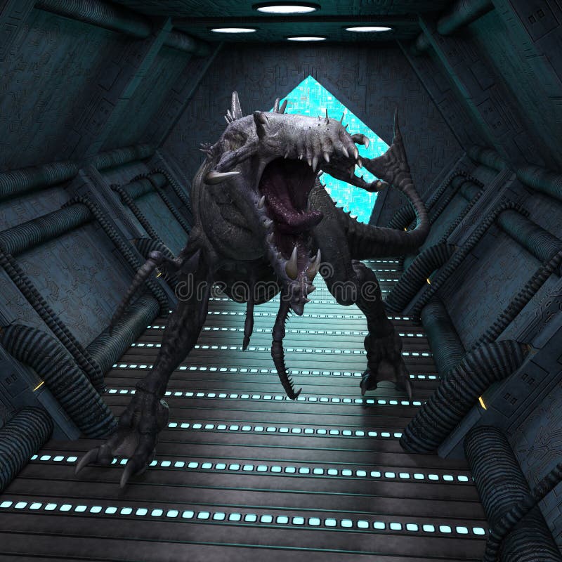 3D-illustration of a Horrible Alien Creature in a Spacehsip Stock ...