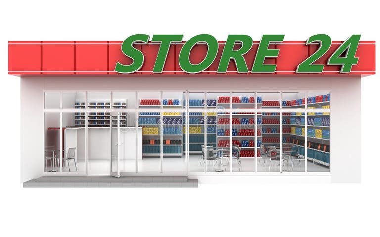 3D Illustration of a 24-hour Store with Cafe Stock Illustration ...