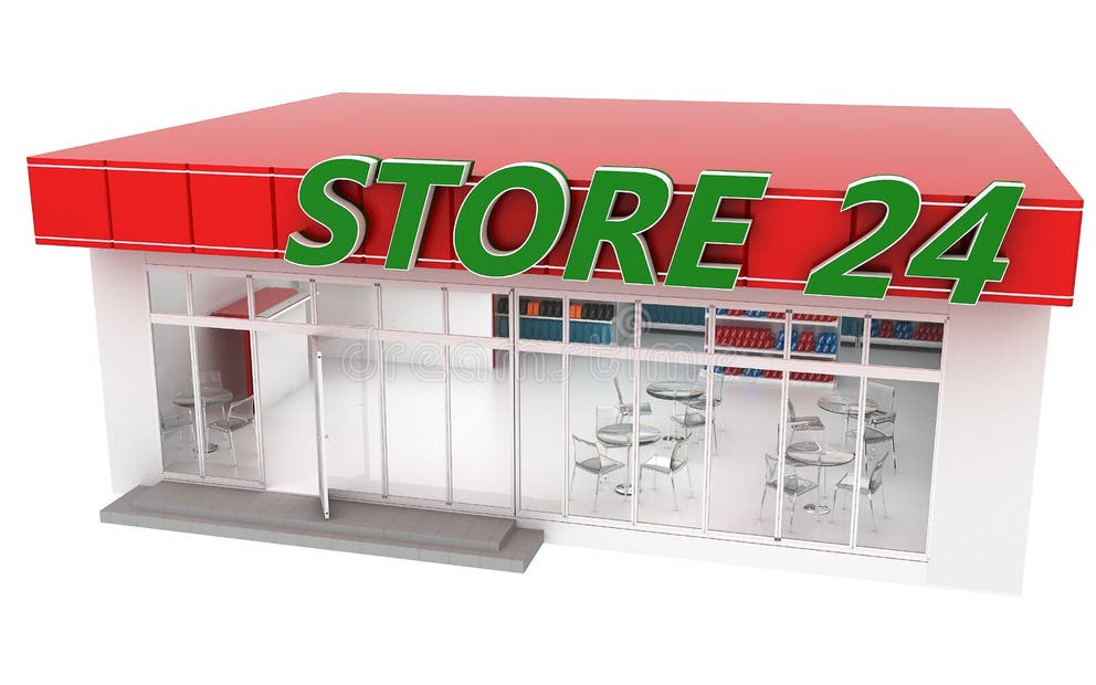 3D Illustration of a 24-hour Store with Cafe Stock Illustration ...