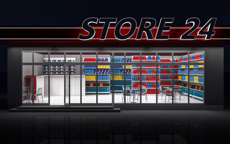 3D Illustration of a 24-hour Store at Night Stock Illustration ...