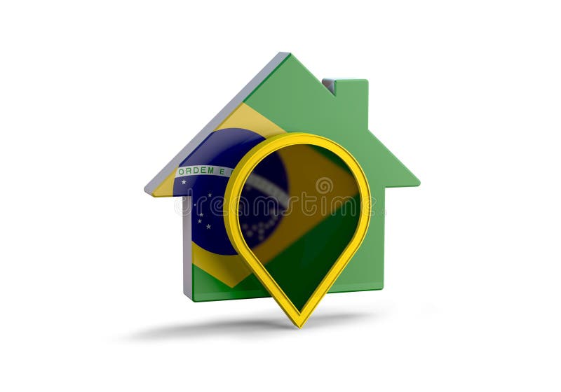 3D Illustration of a House with the Brazil Flag and a Location Pin ...