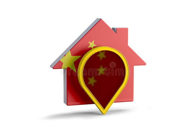 3D Illustration of a House with the China Flag and a Location Pin Stock ...
