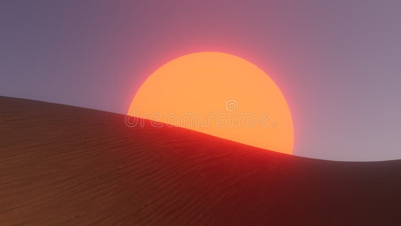 3d Illustration Huge Red Setting Sun in Desert Dunes Stock Illustration ...